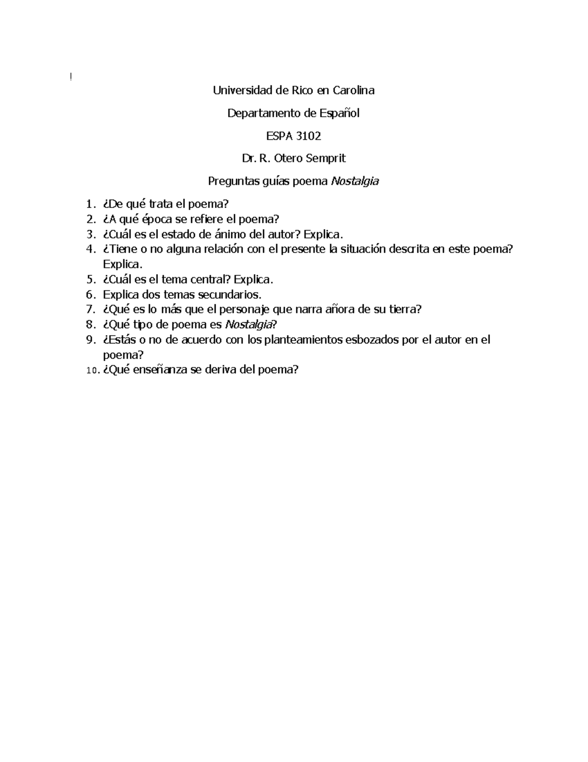 Preguntas guías poema Nostalgia de Virgilio Dávila - ! Universidad de ...