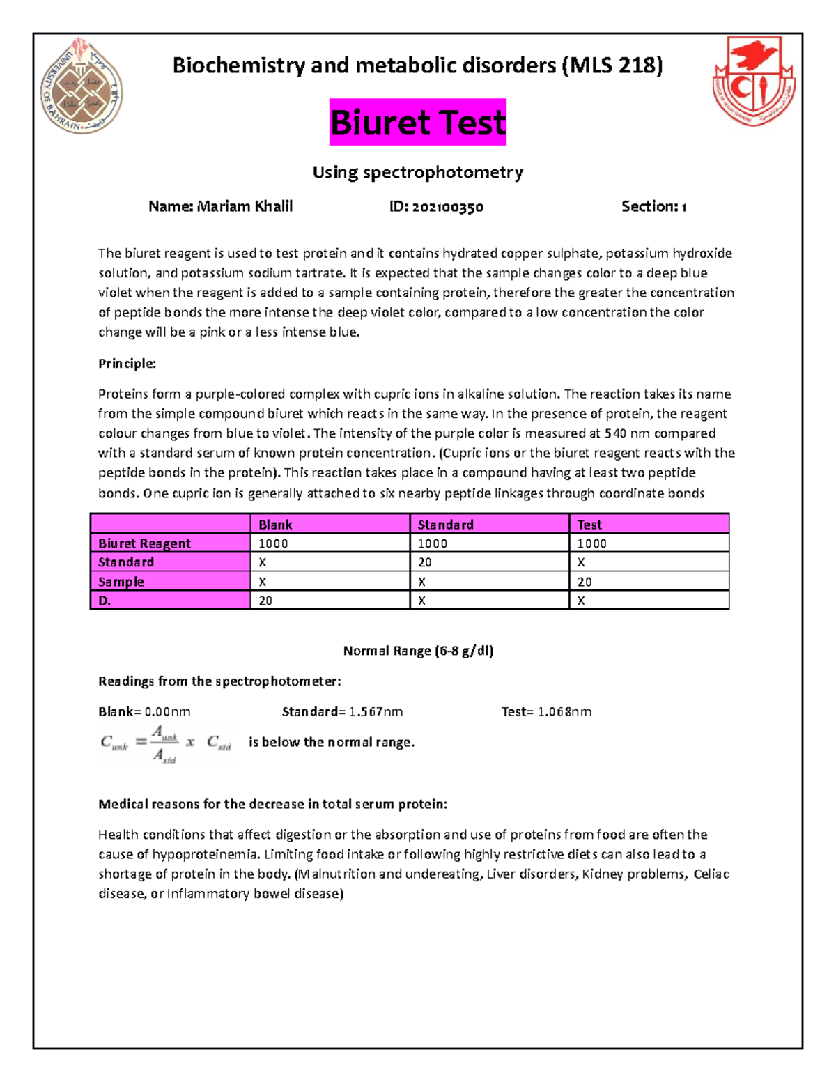 Protein lab - Biochemistry lab reports - Biochemistry and metabolic ...