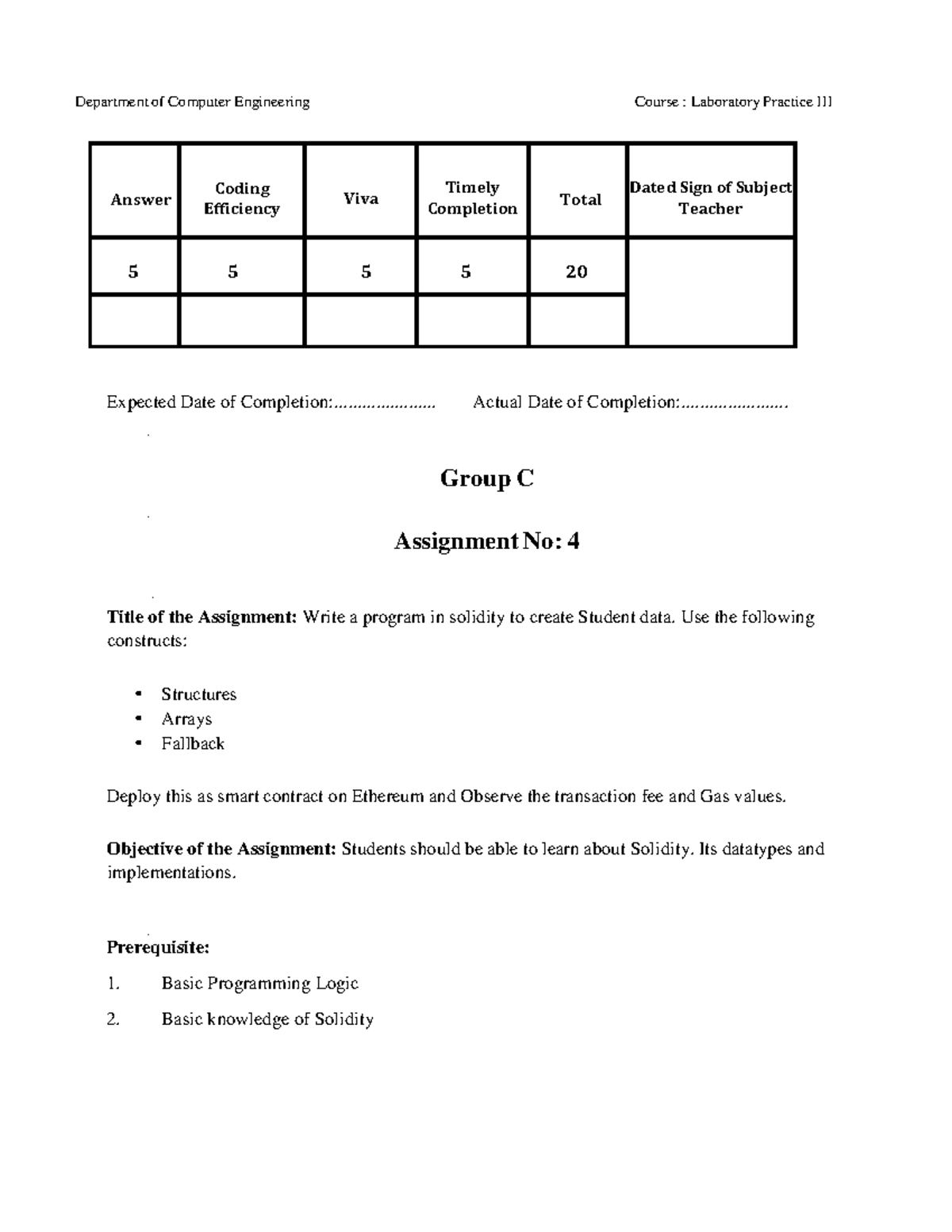 BT4 - BT ASS - Answer Coding Efficiency Viva Timely Completion Total Dated Sign of Subject ...