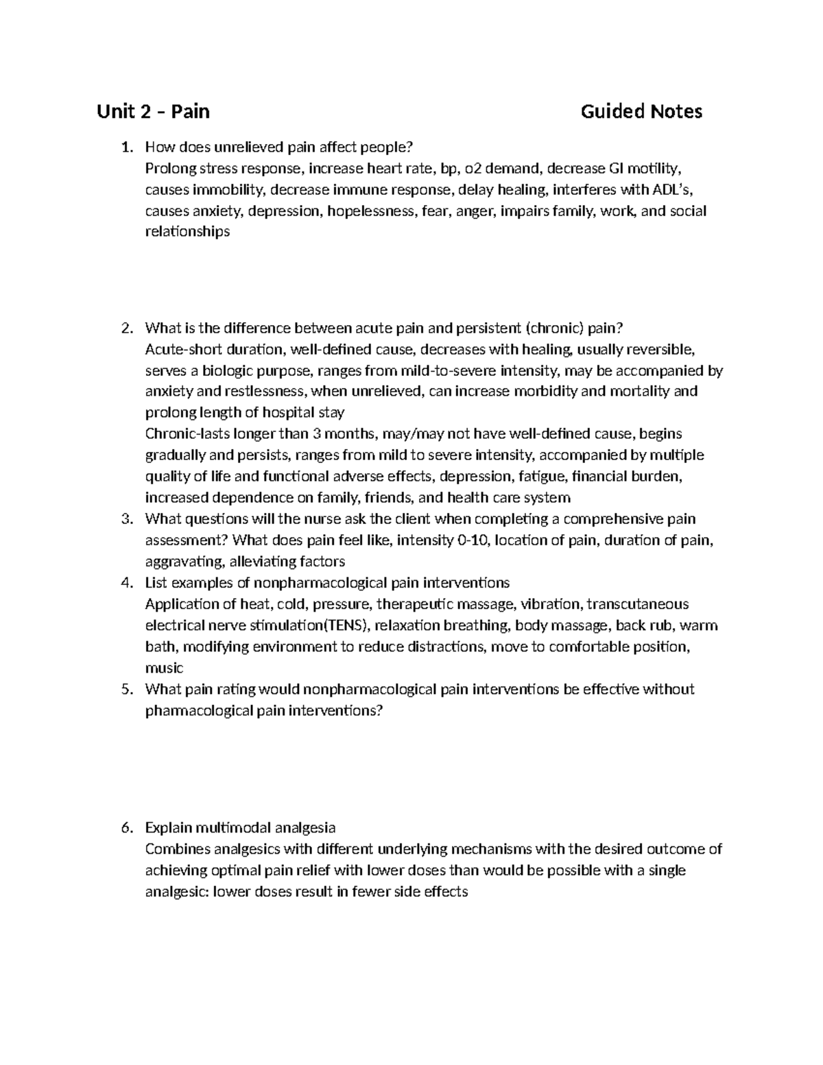 Unit 2 Pain Guided Notes-med surge - Unit 2 – Pain Guided Notes 1. How ...