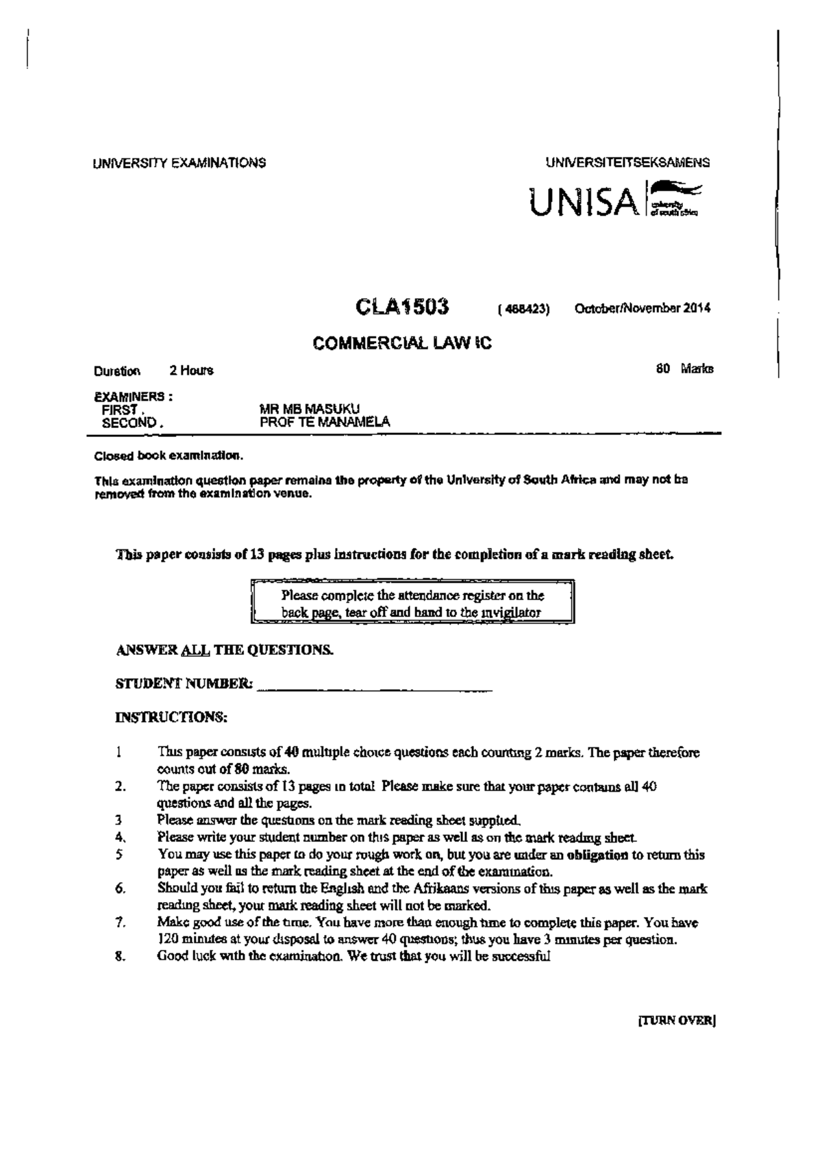 CLA1503 - Exam Memo - OctNov 2014 - UNIVERSITY EXAMINATIONS ...