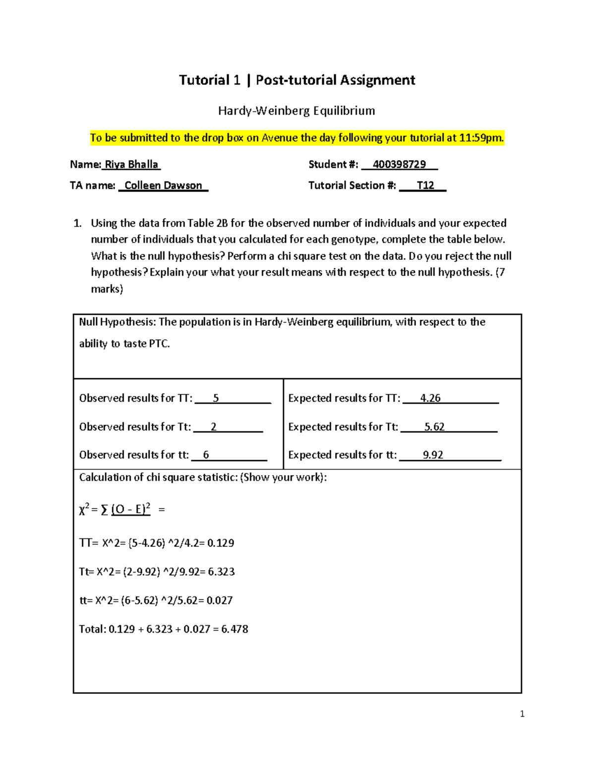 Tutorial 1 Post tutorial assignment - 1 - bio 1m03 - McMaster - Studocu