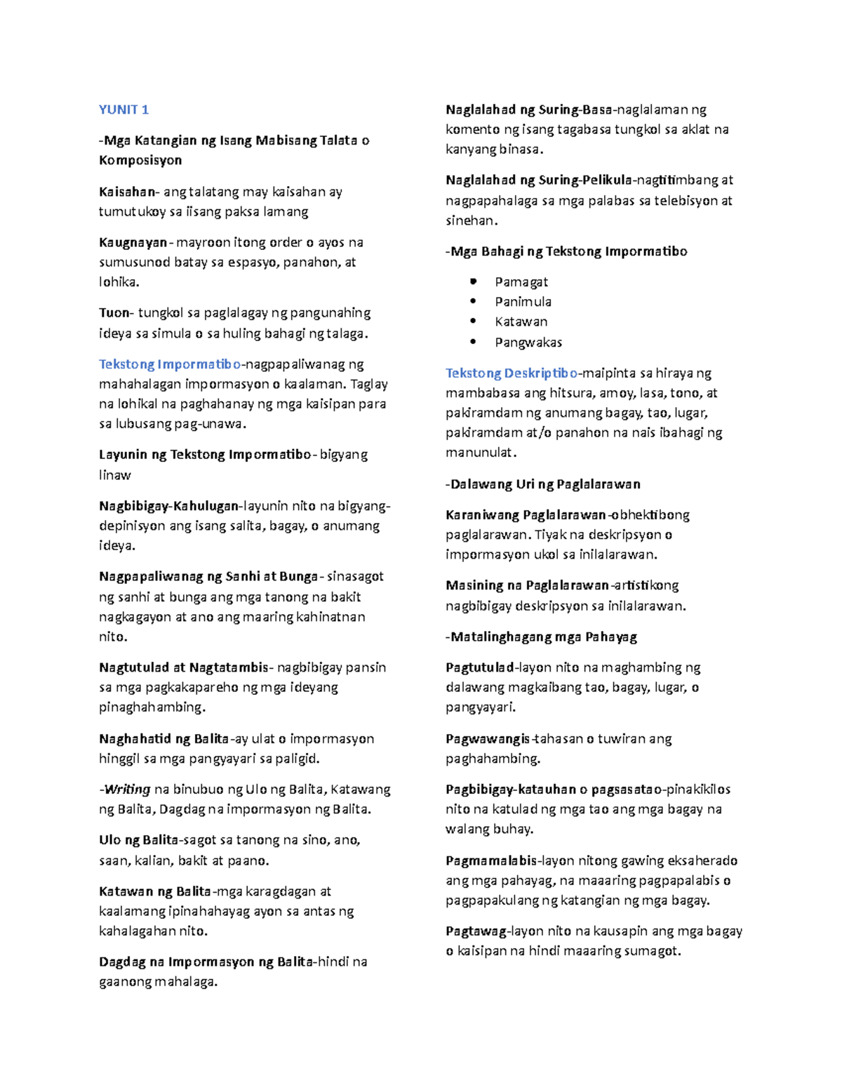 Daloy ng Wika Reviewer - NATASHA ALIMAG - YUNIT 1 -Mga Katangian ng Isang Mabisang Talata o ...