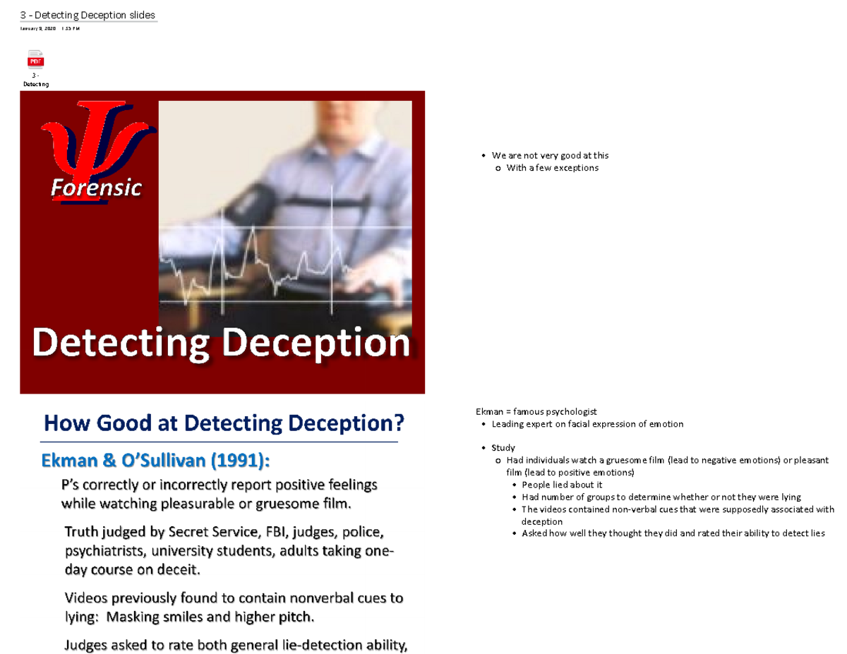 Forensic Psych Jan 20-23 - 3 - Detecting Deception slides January 9 ...