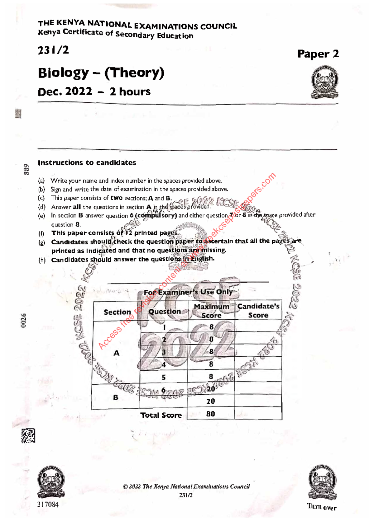 2022 KCSE Biology Paper 2 Questions Answers - THE KENYA NATIONAL EXAMINATIONS Kenya Certificate ...