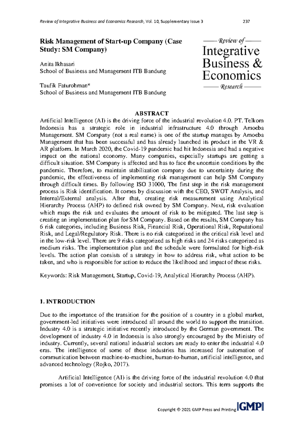Riber 10-s3 17 s21-043 237-257 - Risk Management of Start-up Company (Case Study: SM Company ...