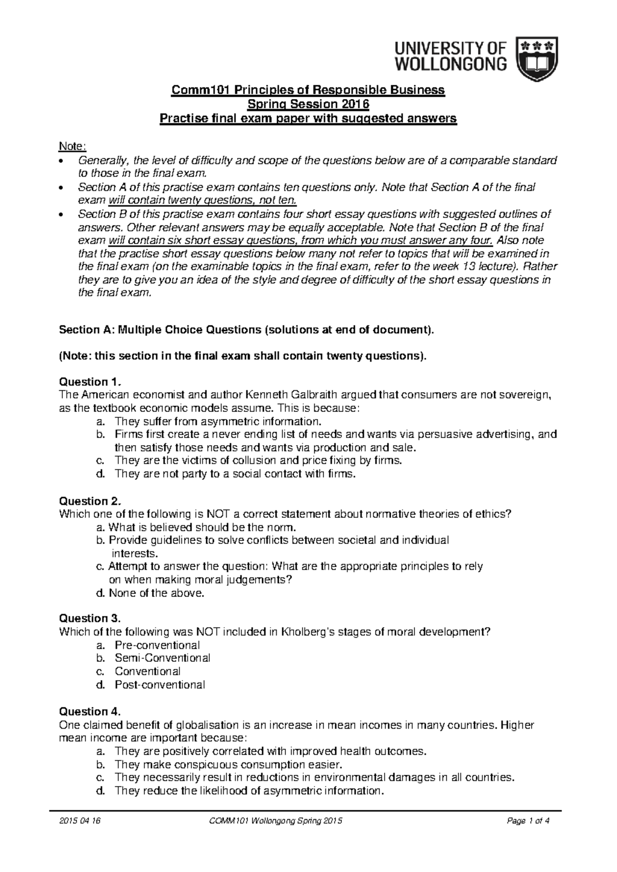 Sample/practice exam 2016, questions - Spring - Comm101 Principles of ...