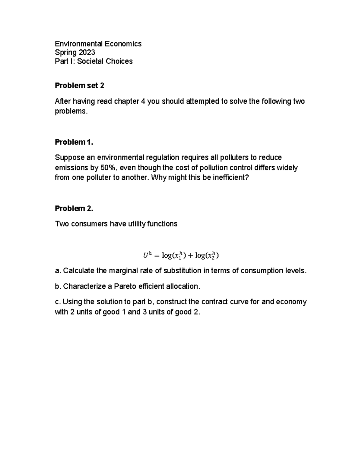 Problem set 2 - exercise for exam - Environmental Economics Spring 2023 ...