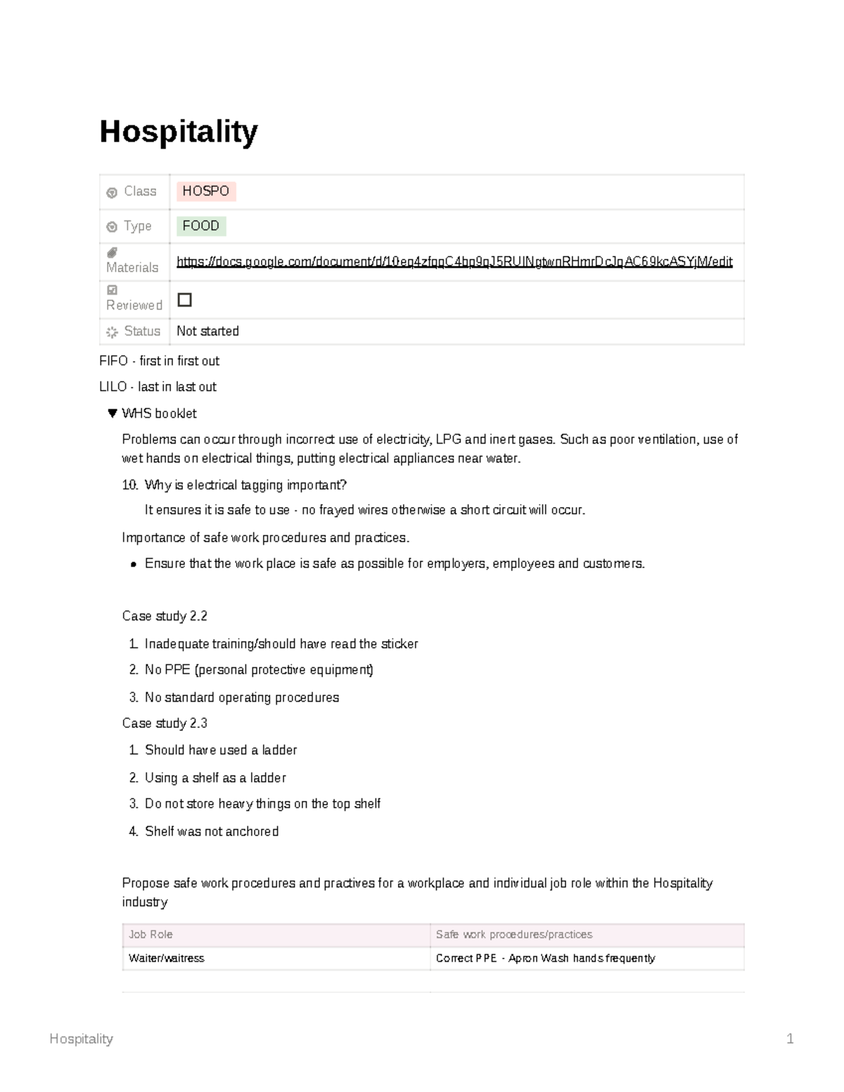 year 11 random Hospitality notes - Hospitality Class HOSPO Type FOOD ...