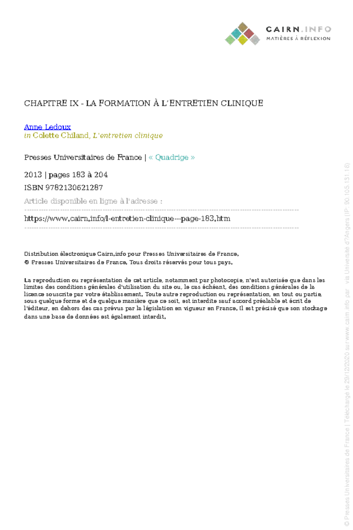 Article 2 Ledoux - CHAPITRE IX - LA FORMATION À L’ENTRETIEN CLINIQUE ...