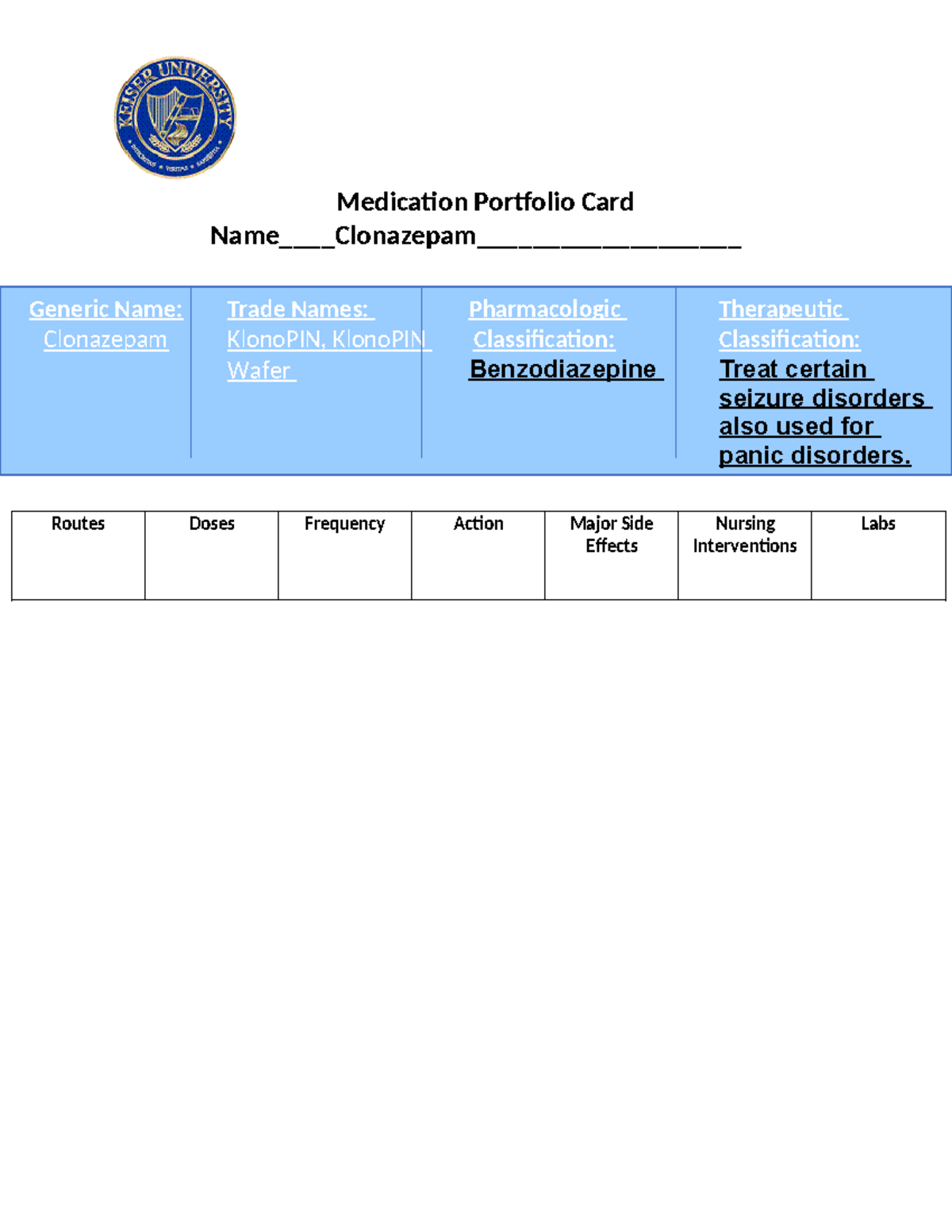 Clonazepam - med card - Medication Portfolio Card Name____Clonazepam ...