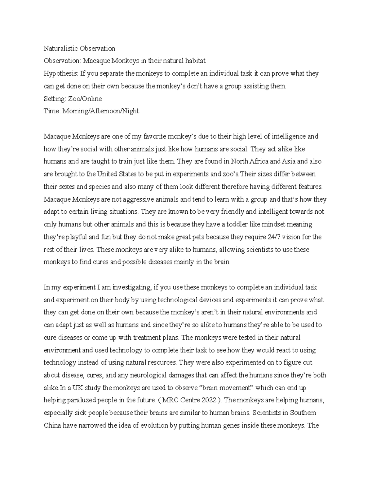 Final Naturalistic Observation - Naturalistic Observation Observation ...