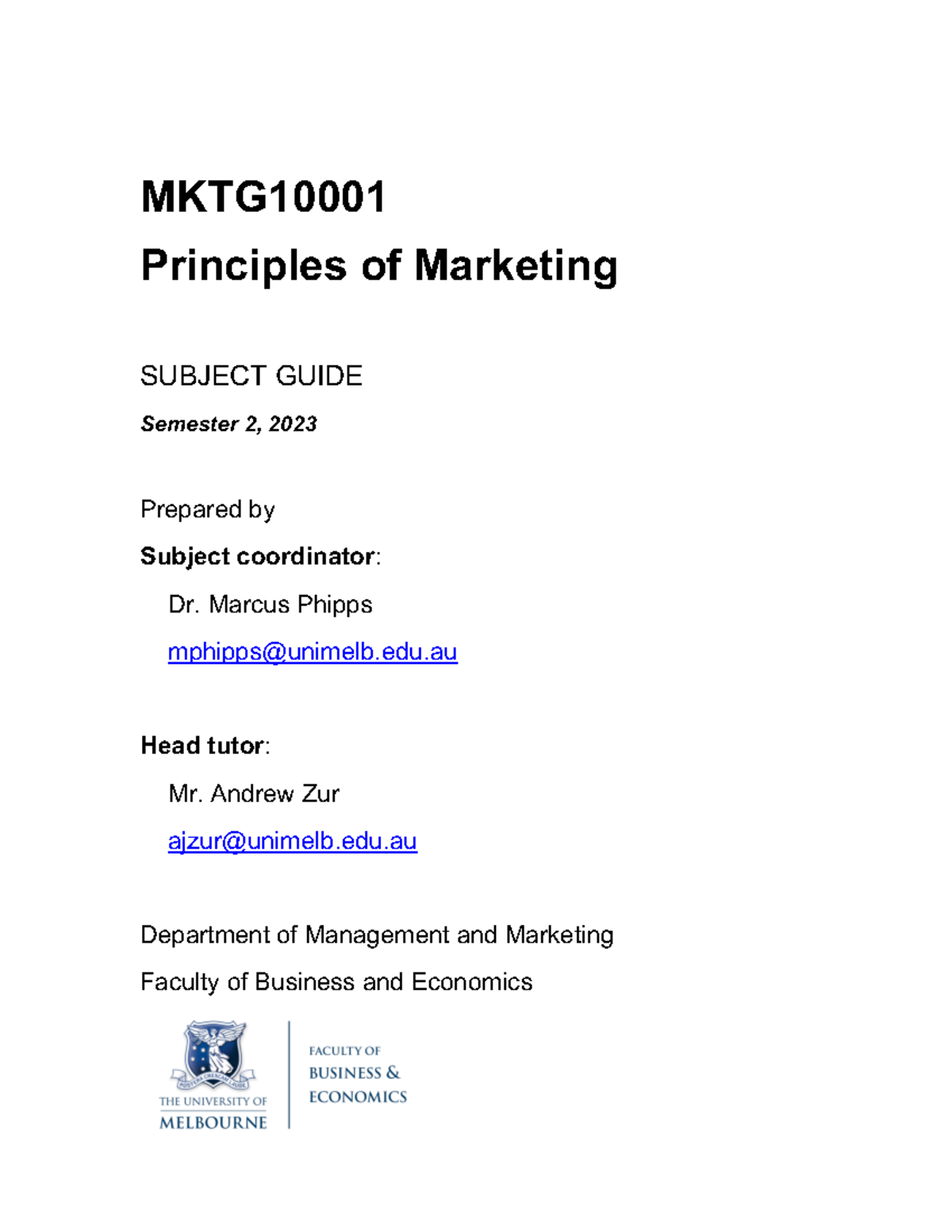 Subject Guide for marketing - MKTG Principles of Marketing SUBJECT ...