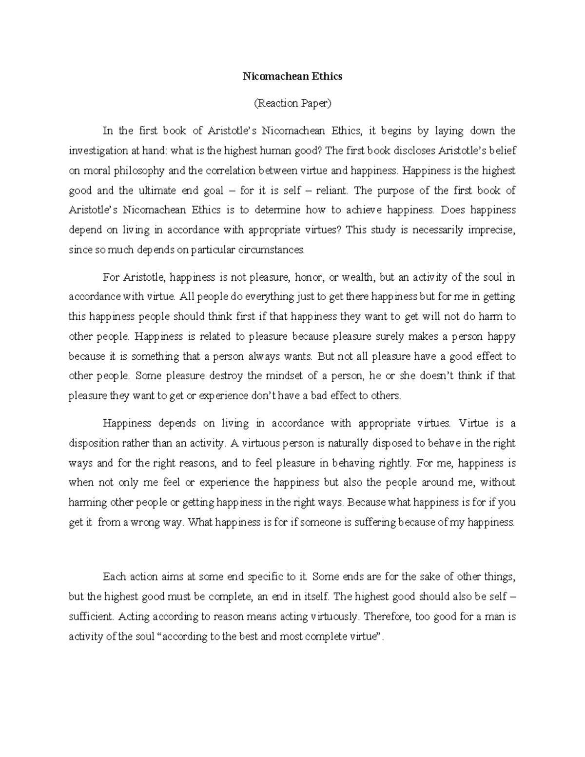 Reaction Paper Ethics - Nicomachean Ethics (Reaction Paper) In the ...