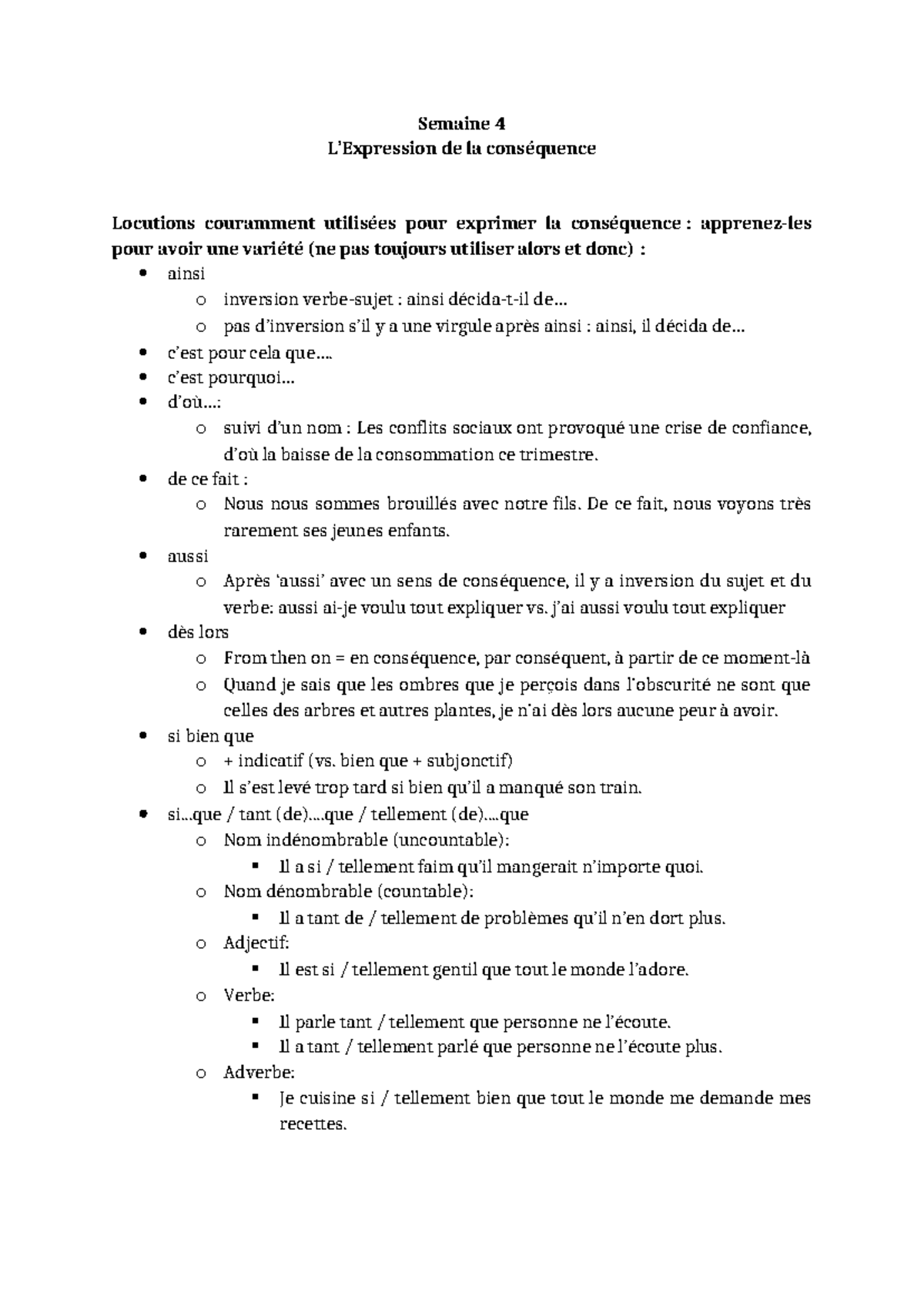 La consequence - Grammar exercices - Semaine 4 L’Expression de la ...