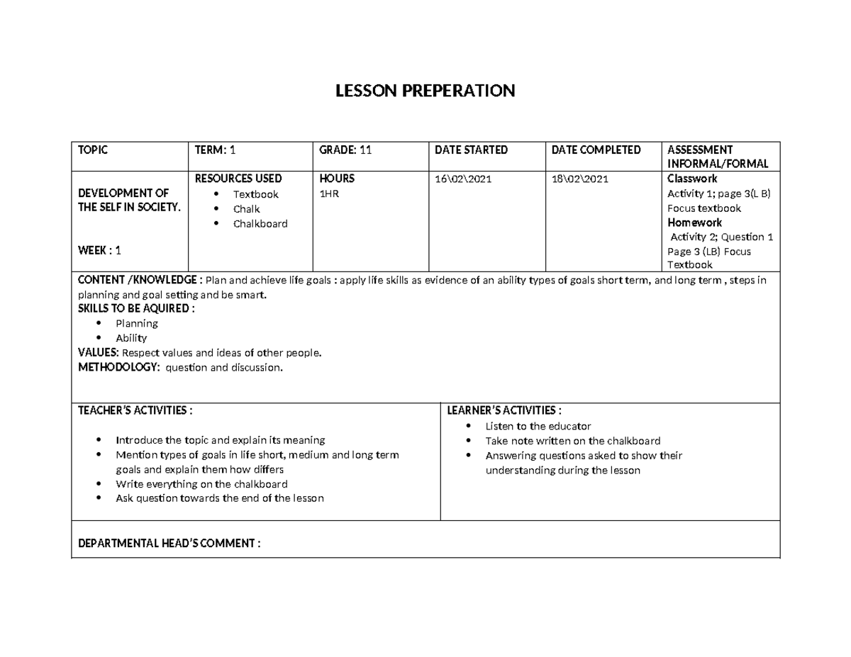 Lesson Preperation FOR GRD 11 - LESSON PREPERATION TOPIC TERM: 1 GRADE ...