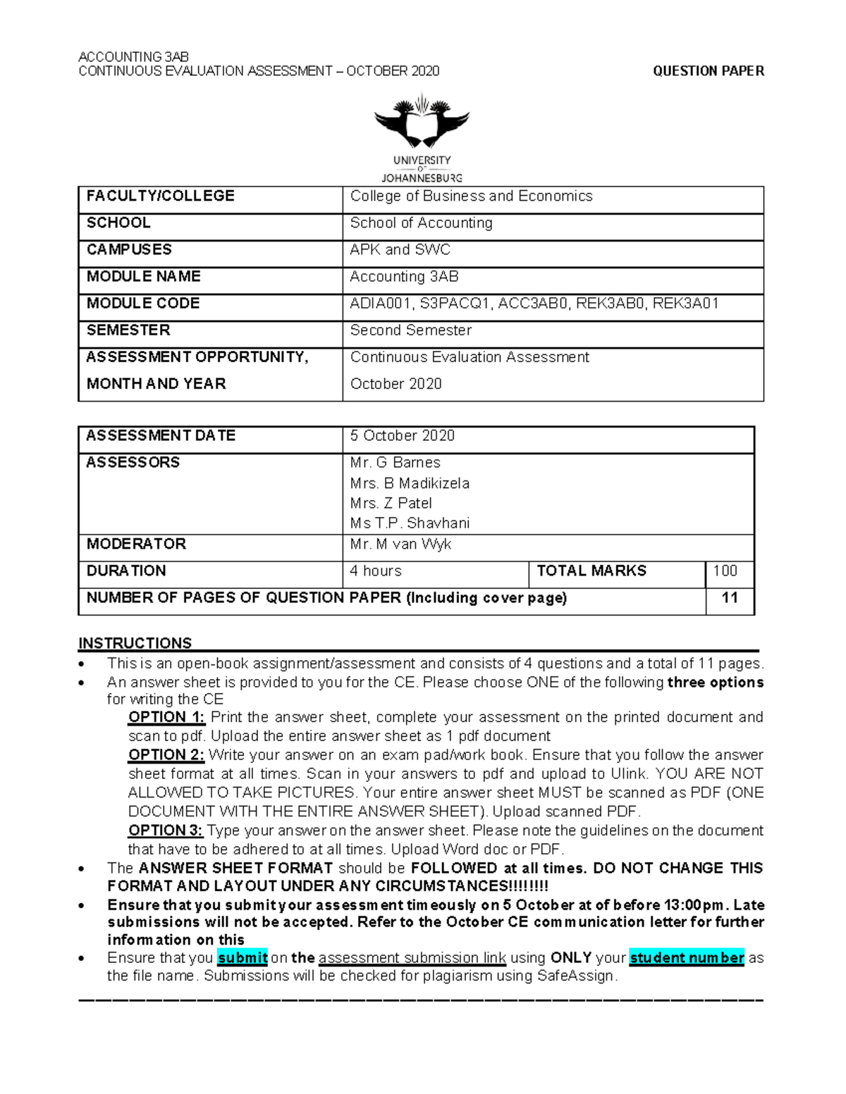 October CE Question Paper (1) - CONTINUOUS EVALUATION ASSESSMENT ...