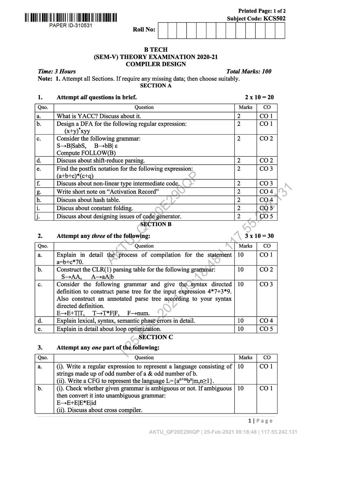 Microsoft Word - KCS502 SET 1 410 - Compiler Design - Studocu
