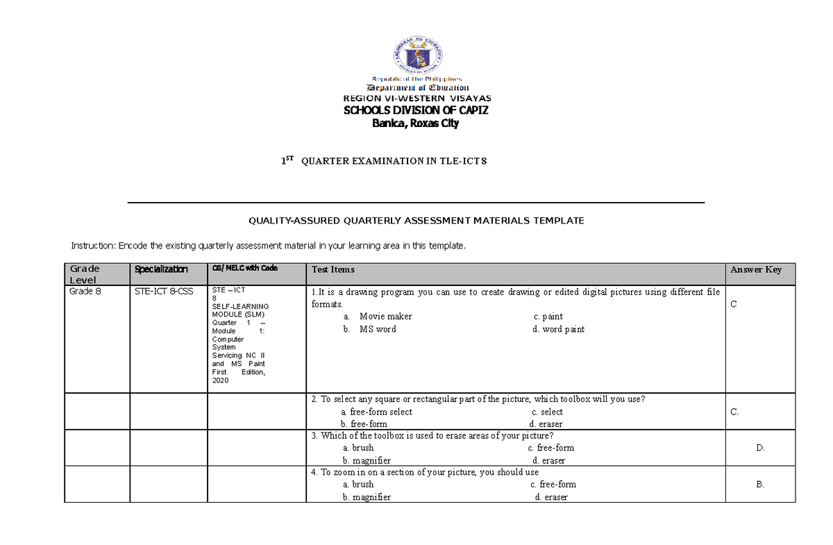 Quarterly Assessment for QA Template for EPP TLE TVL - SCHOOLS DIVISION ...