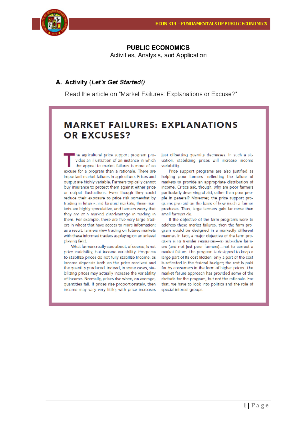 Market Failures Coursework - ECON 314 – FUNDAMENTALS OF PUBLIC ...