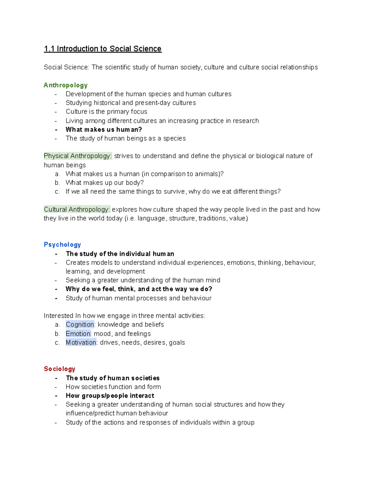 Unit 1 SAP Notes - 1 Introduction to Social Science Social Science: The ...