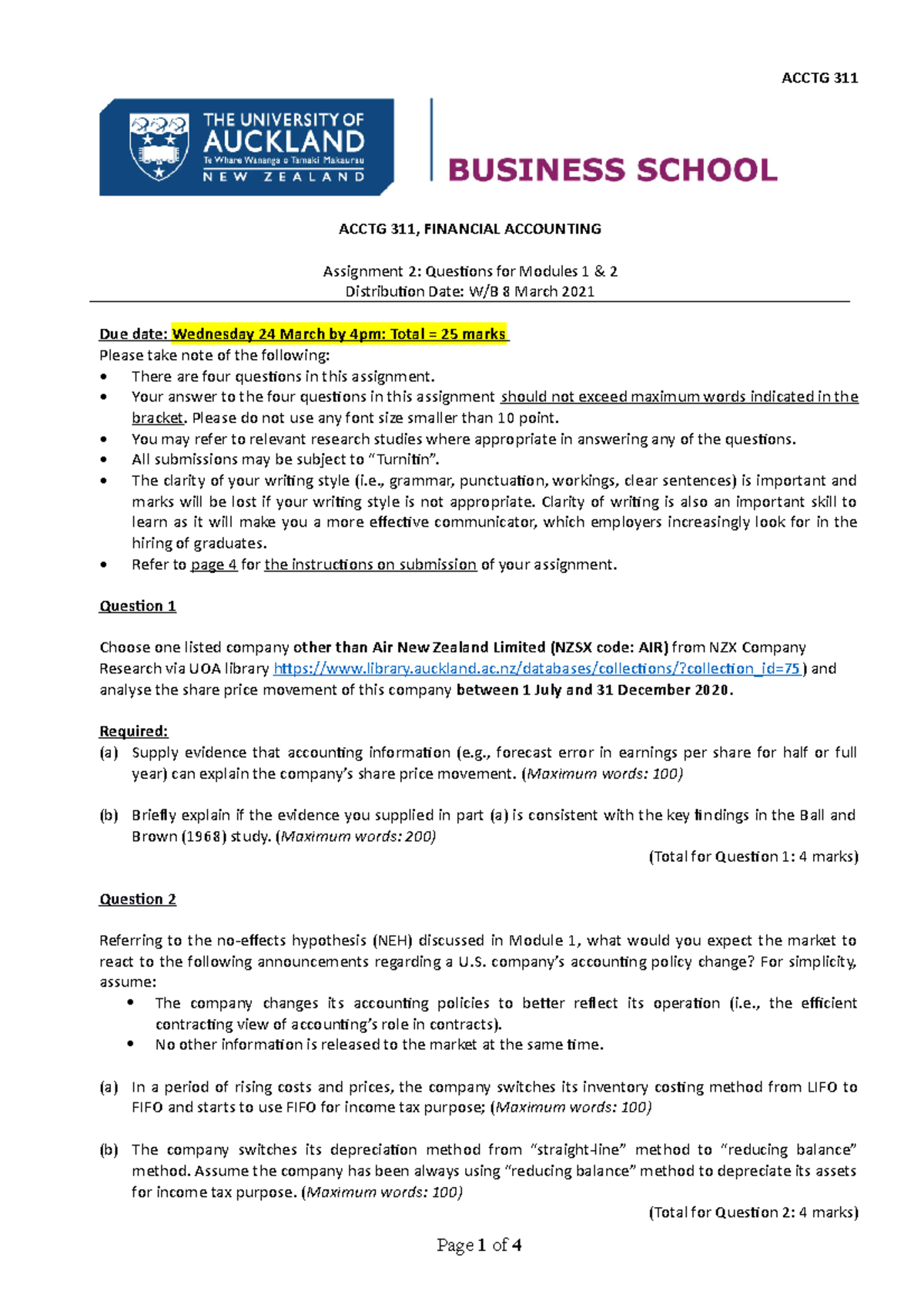 Assignment 2 - Questions for Modules 1 & 2, ACCTG 311 2021FC - ACCTG ...