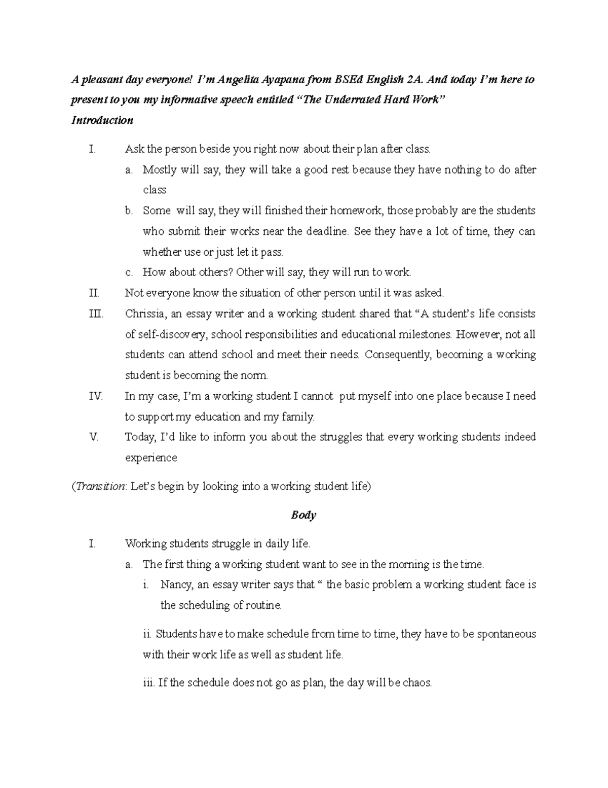 Ayapana - Speech Outline - A pleasant day everyone! I’m Angelita ...