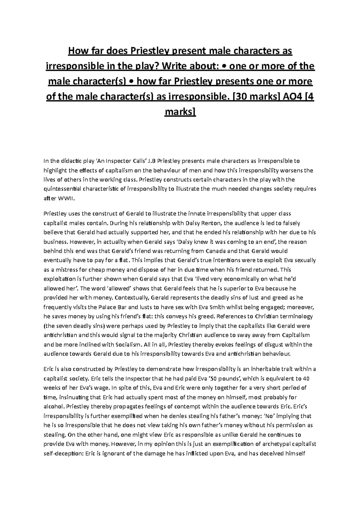 How far does Priestley present male characters as irresponsible in the ...