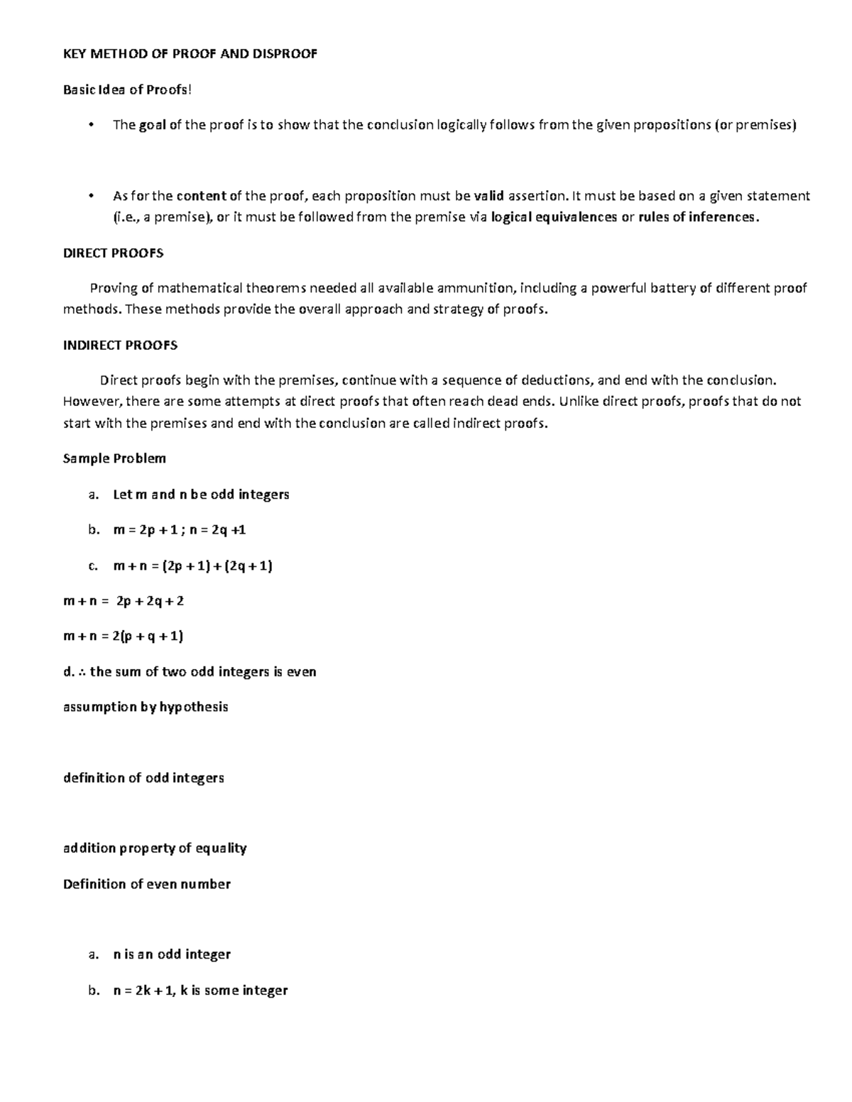 KEY Method OF Proof AND Disproof - KEY METHOD OF PROOF AND DISPROOF Basic Idea of Proofs! The ...