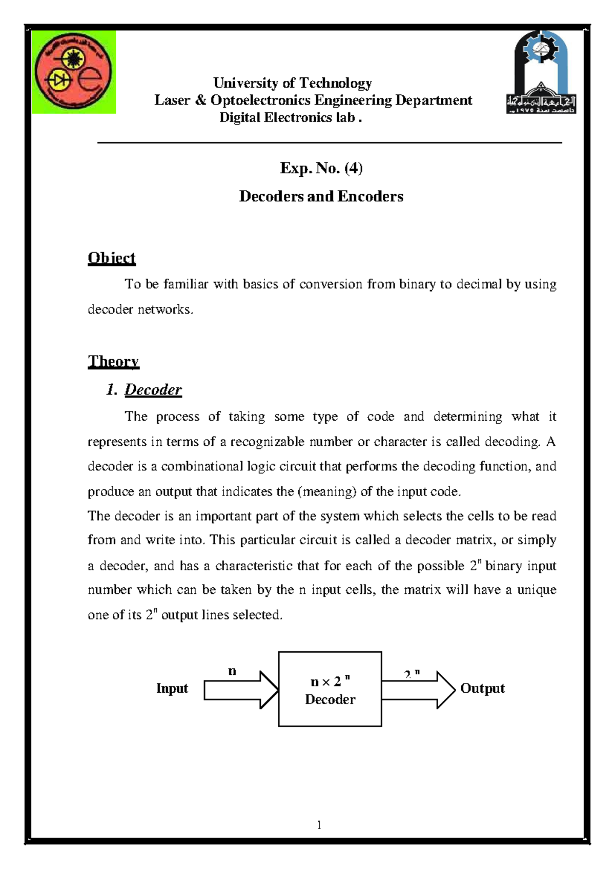 Ex 4 decoder and encoder - n × 2 n Decoder 2 n n University of ...