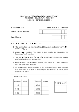 MH1811 AY2020 2021 Sem 1 Test 1 18 Sep 2020 Answer - Nanyang ...