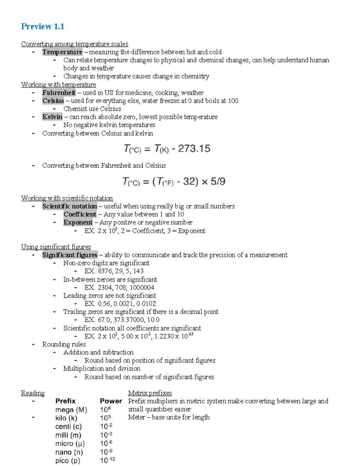 Preview 1 - notes for class - Preview 1. Converting among temperature ...