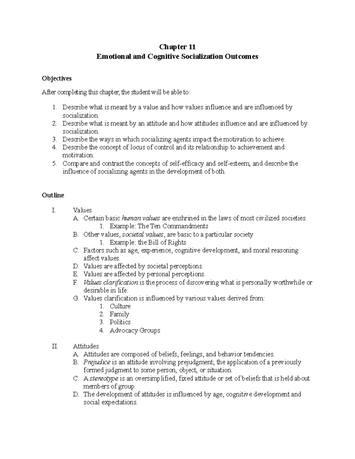 Chapter 11 Study Guide - Chapter 11 Emotional and Cognitive Socialization Outcomes Objectives ...