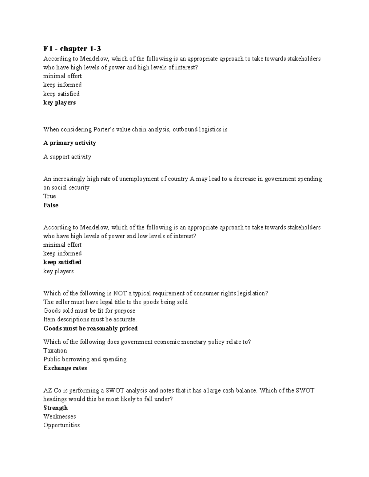 F1-123456 - Hay - F1 - chapter 1- 3 According to Mendelow, which of the ...