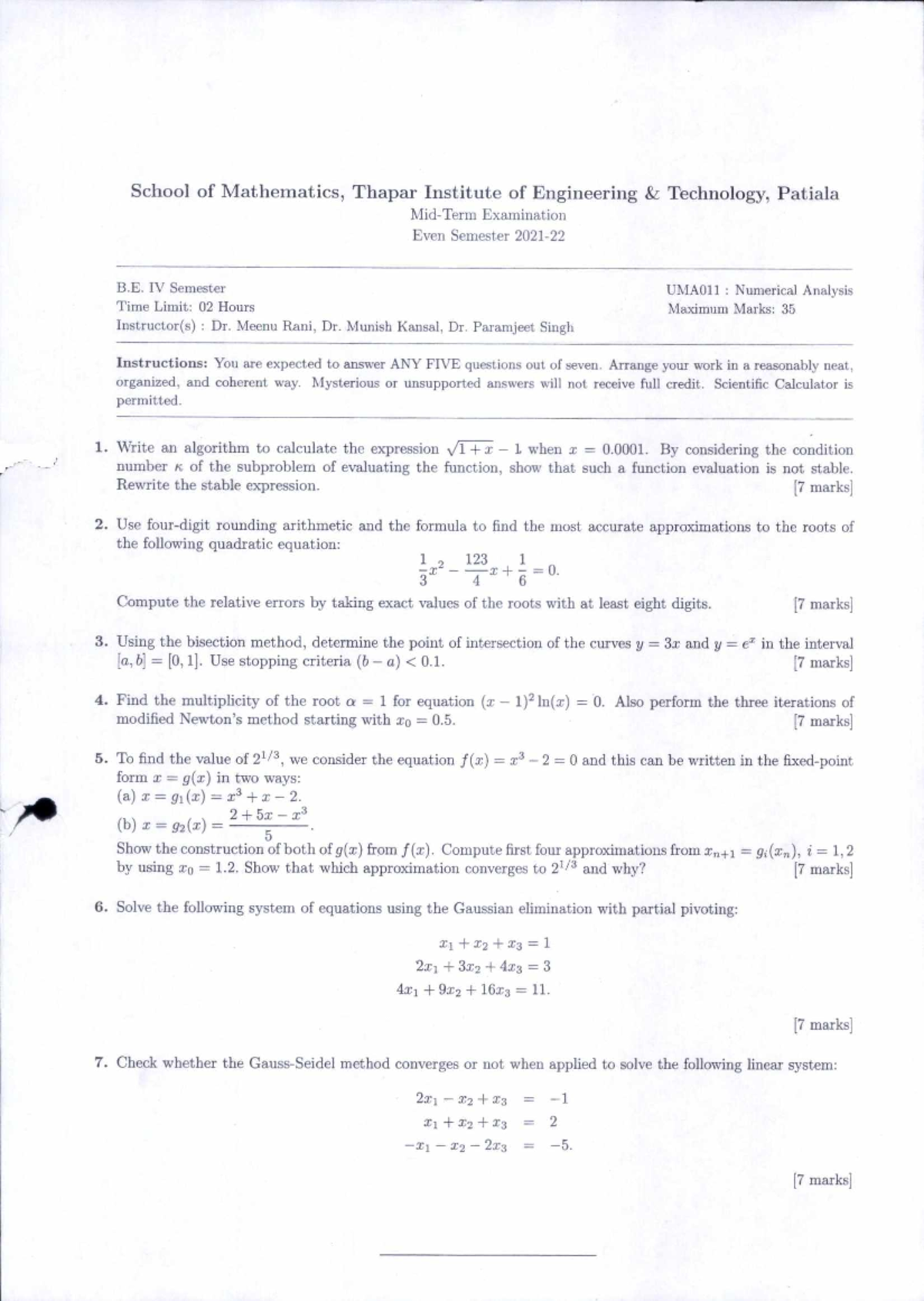 UMA011 - School of Mathematics, Thapar Institute of Engineering ...