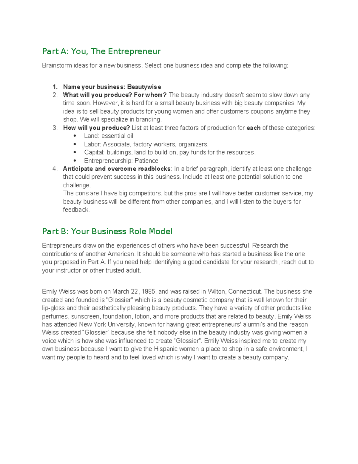 You, the entrepreneur assignment - Part A: You, The Entrepreneur ...