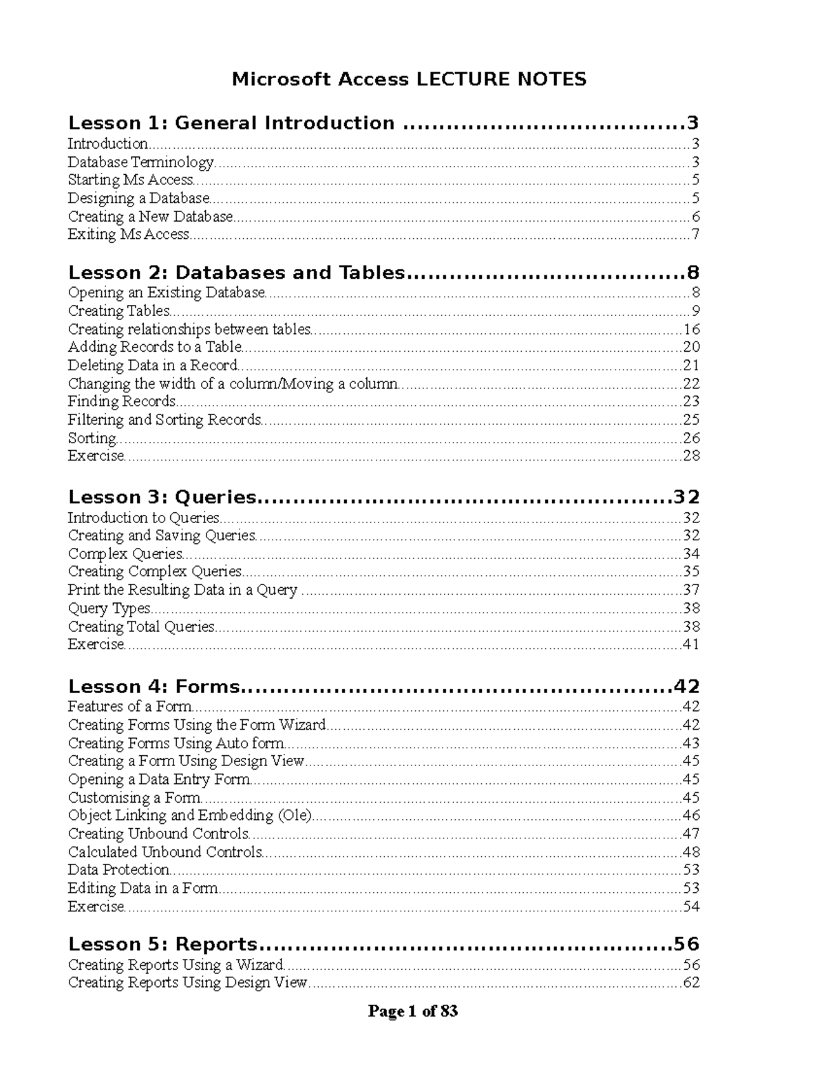 Ms Access Lecture Notes Microsoft Access Lecture Notes Lesson 1