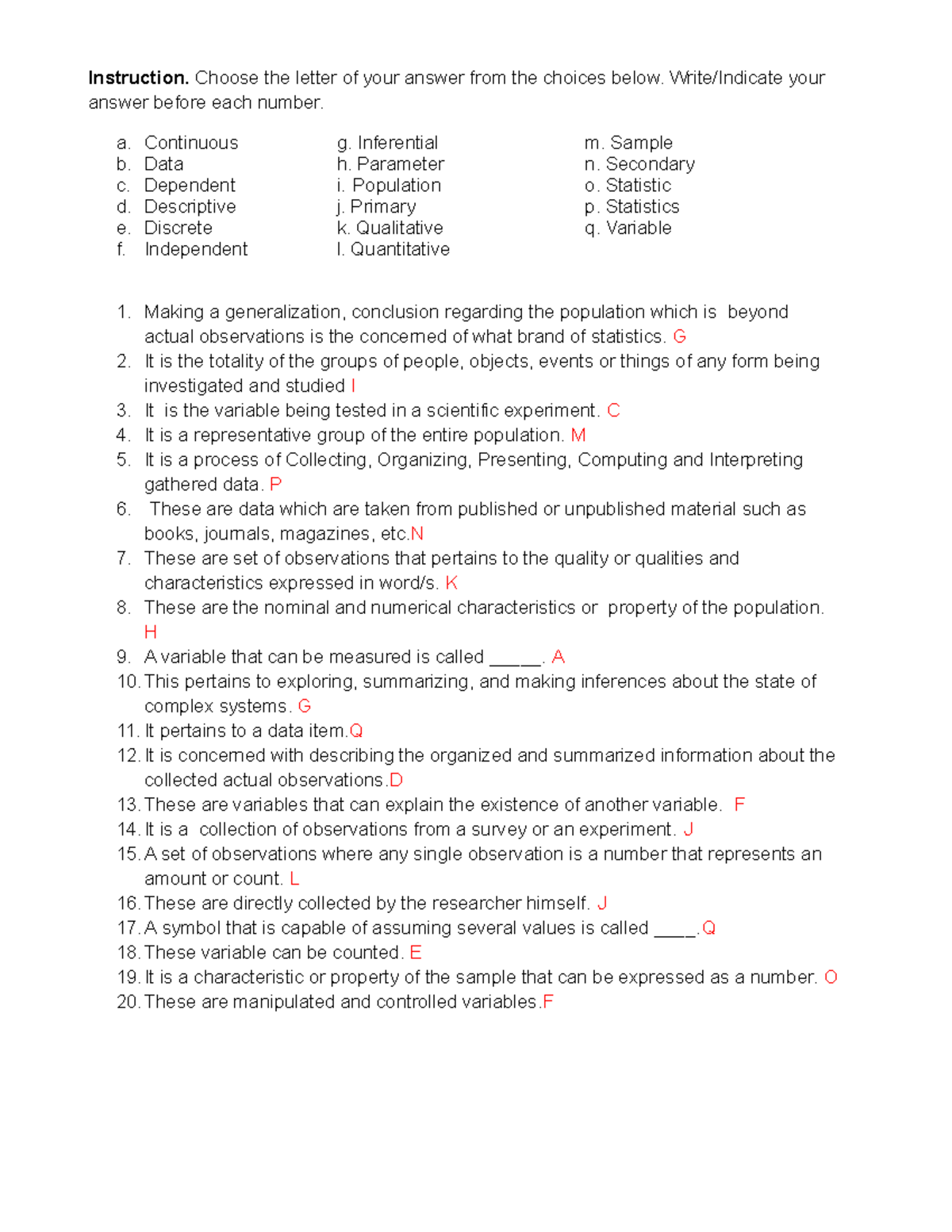 Statistical Terms Assessment - Instruction. Choose the letter of your ...