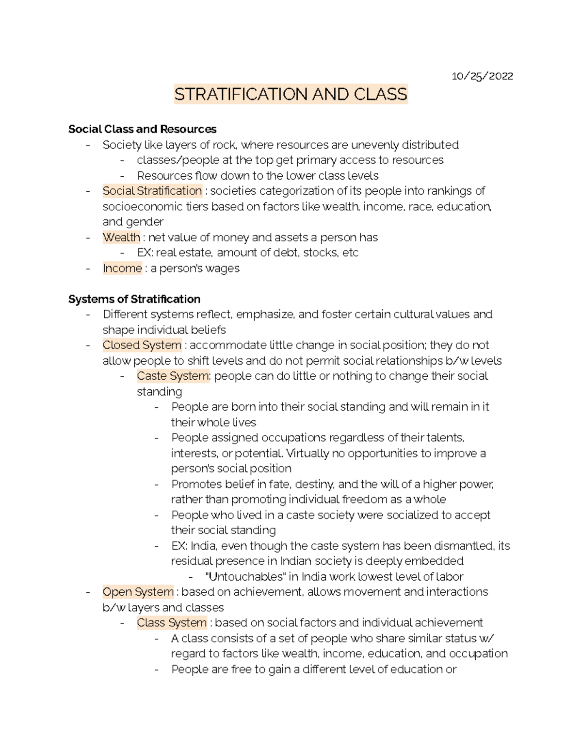 10 25 22 Stratification and Class - 10/25/ STRATIFICATION AND CLASS ...