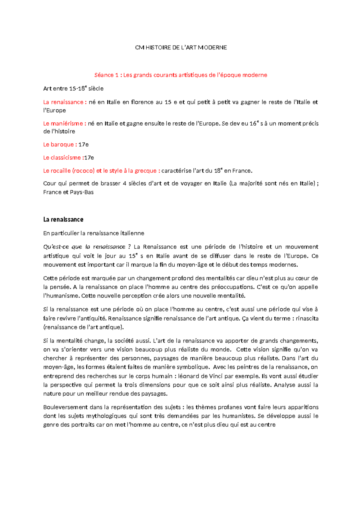 CM Histoire DE L 1 - CM HISTOIRE DE L’ART MODERNE Séance 1 : Les grands ...