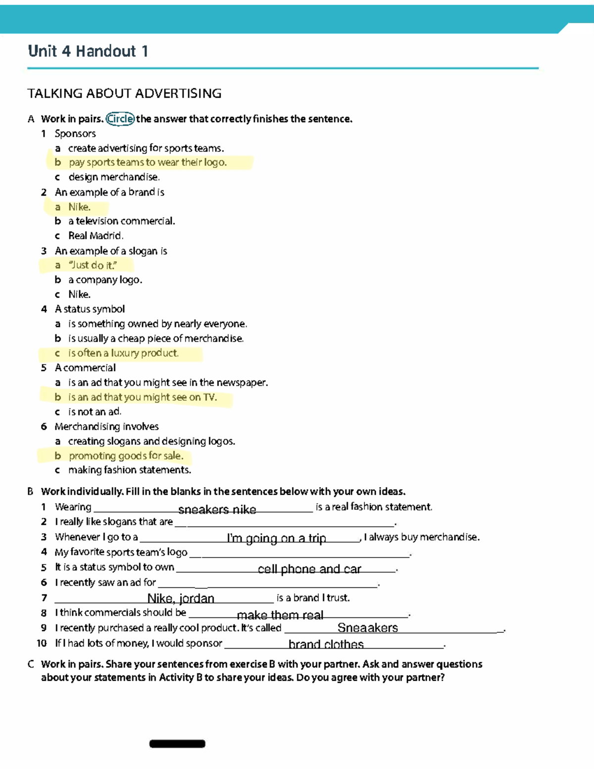 BUS 2.0 Level 4 Lesson Plan 4 Handout 1 - Unit 4 Handout 1 TALKING ABOUT ADVERTISING A Work in ...