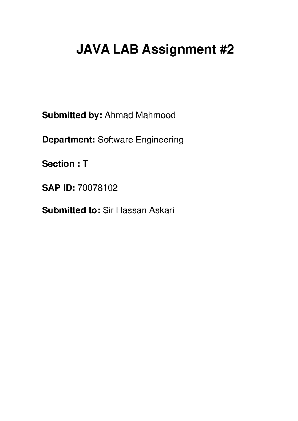 Lab Assignment 2 70078102 Java Lab Assignment Submitted By Ahmad Mahmood Department Software