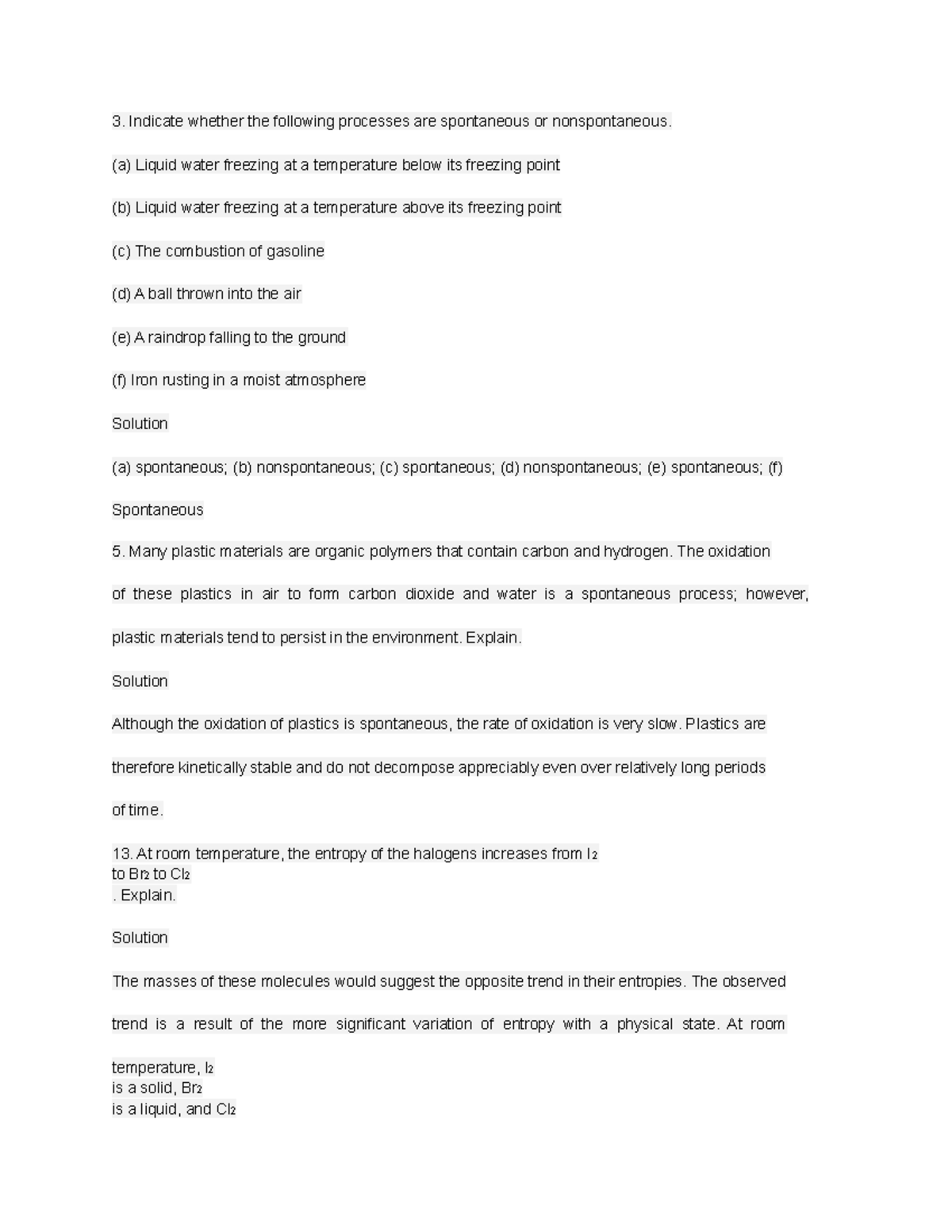 Thermodynamics practice questions - Indicate whether the following ...