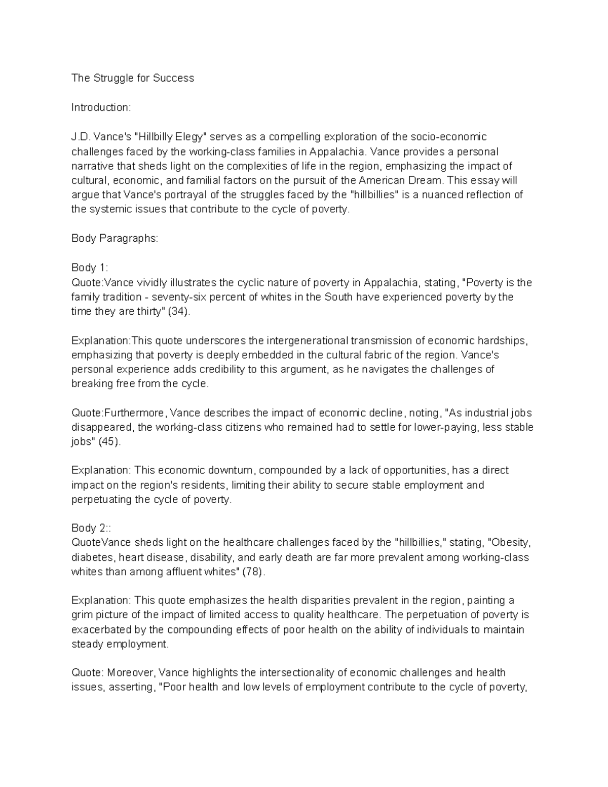 Outline Hillbilly elegy - The Struggle for Success Introduction: J ...
