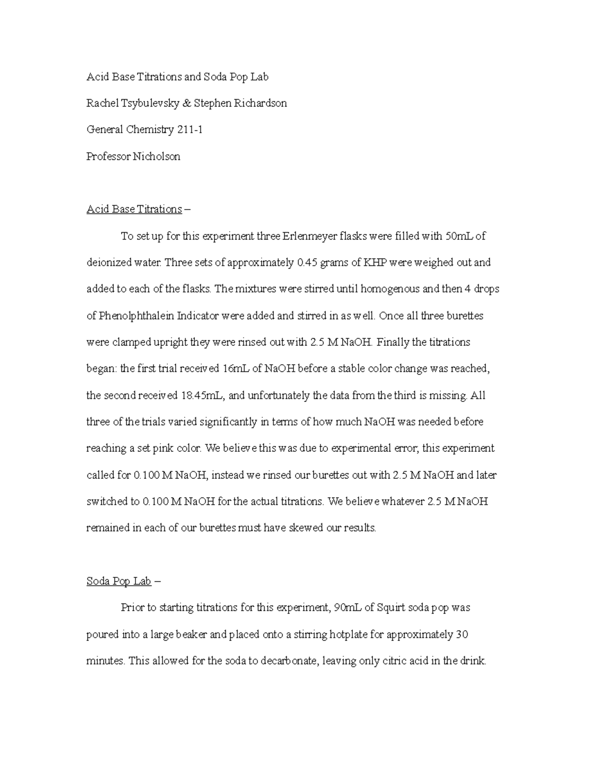 Acid Base Titrations and Soda Pop Lab - Three sets of approximately 0 ...