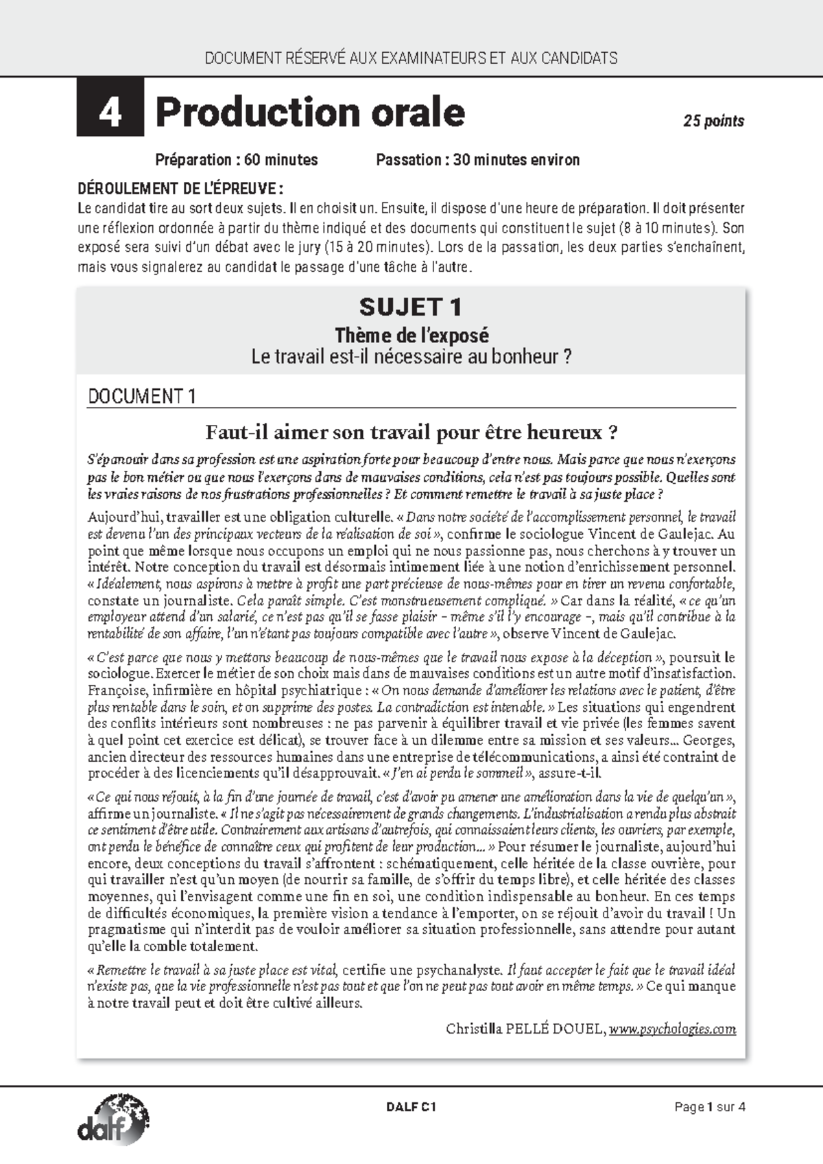 DALF C1 Production orale - 4 Production orale 25 points Préparation ...