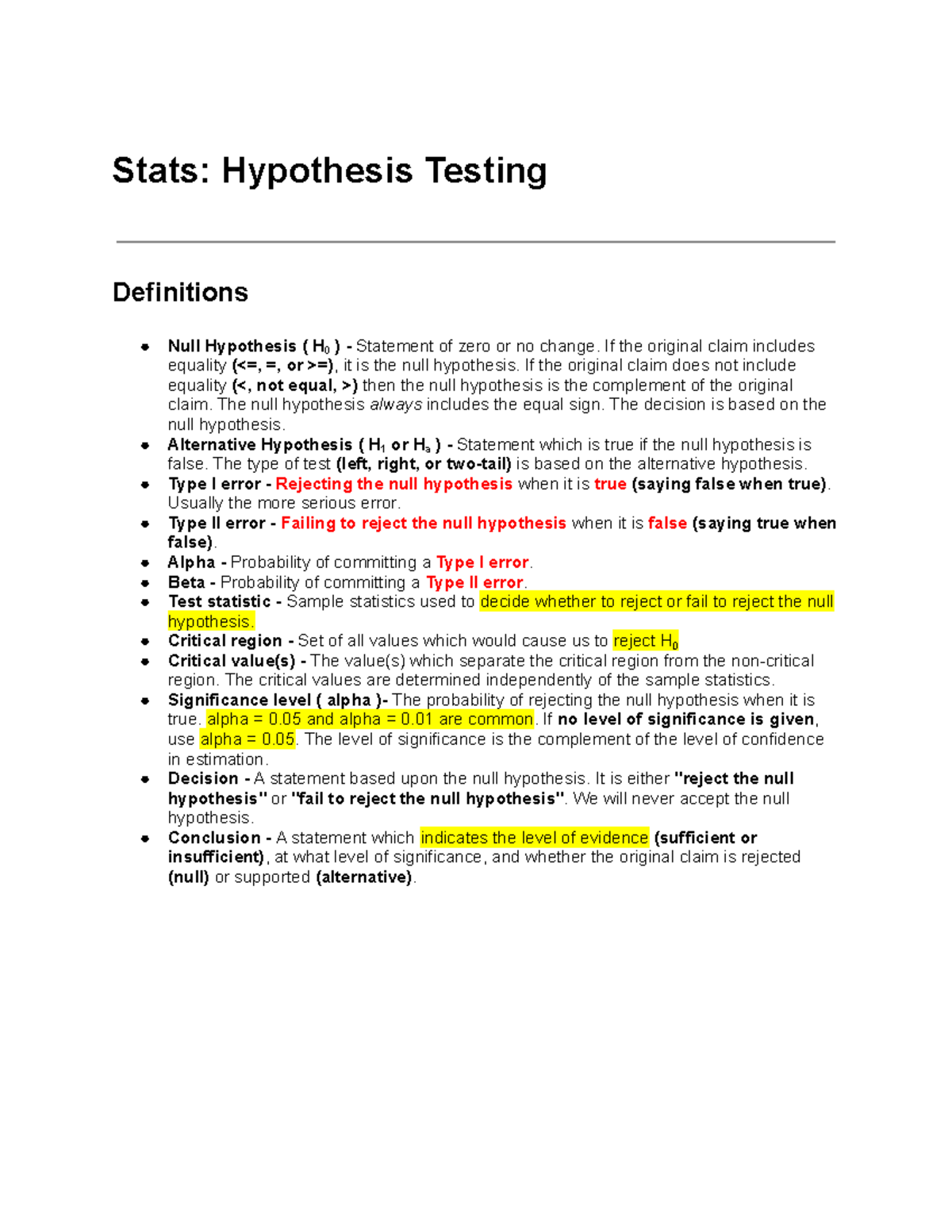 Stats Hypothesis Testing - Stats: Hypothesis Testing Definitions Null ...