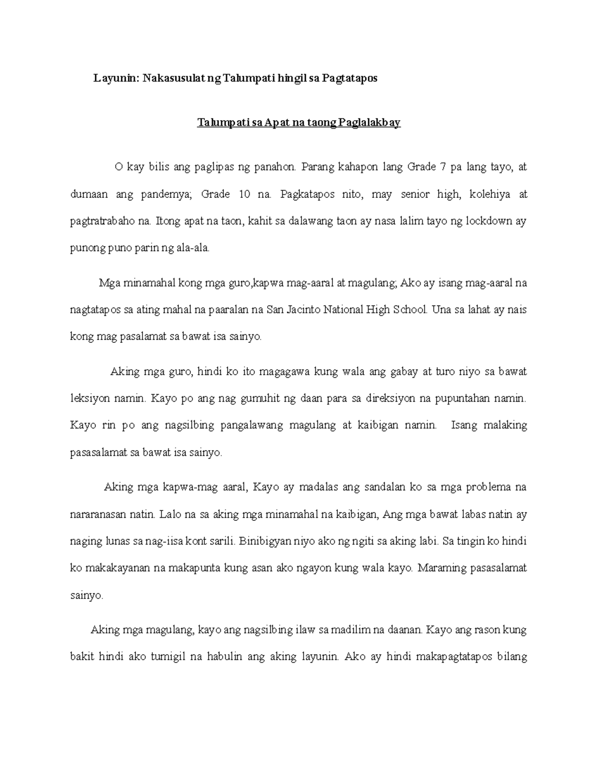 Talumpati sa pagtatapos - Layunin: Nakasusulat ng Talumpati hingil sa ...