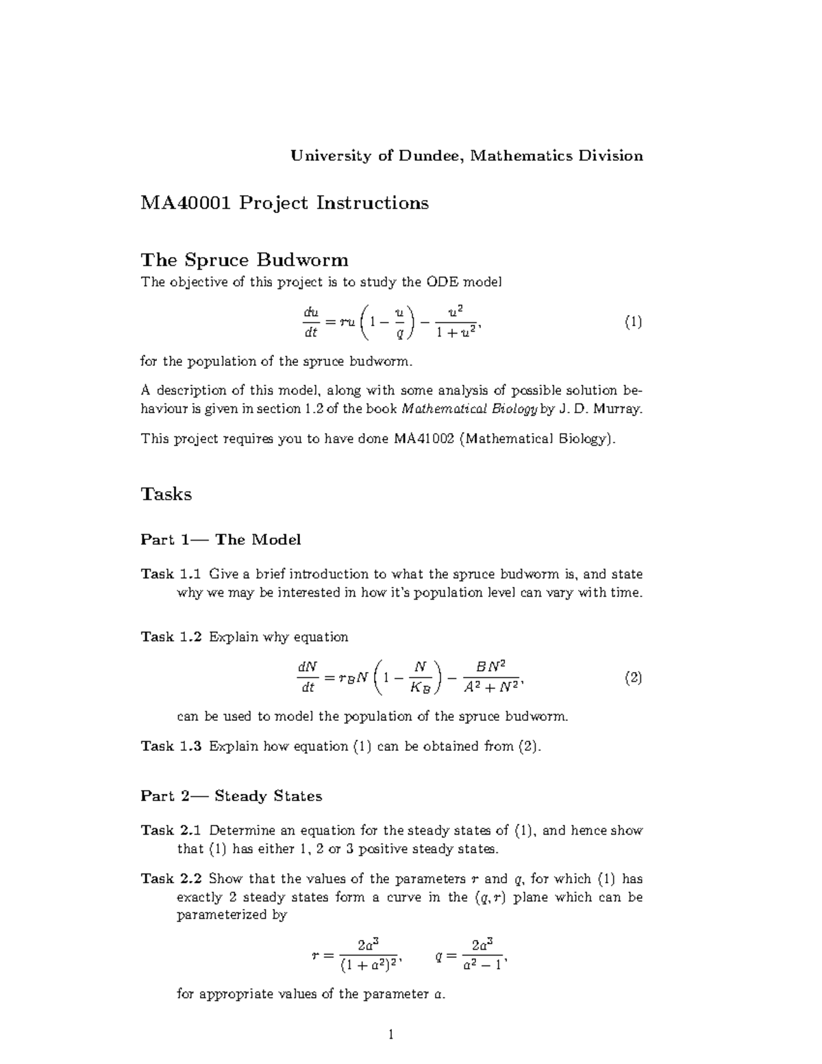 Budworm task sheet - University of Dundee, Mathematics Division MA40001 ...