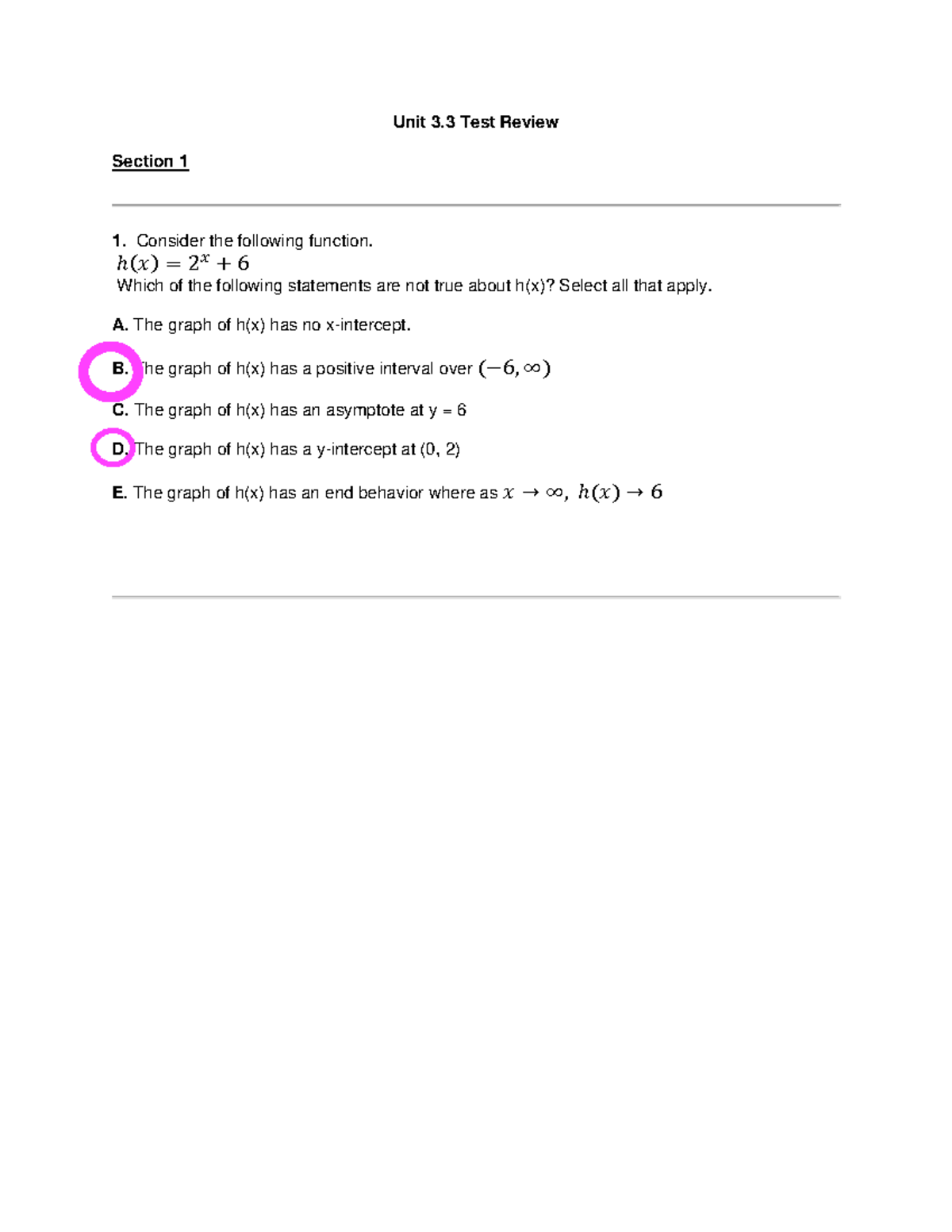 Unit 3.3 test review - algebra 2 - Unit 3 Test Review Section 1 ...